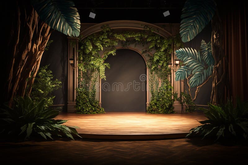 Lighting Tropical Room Empty Space Stage in the Middle and Palm Leaves ...