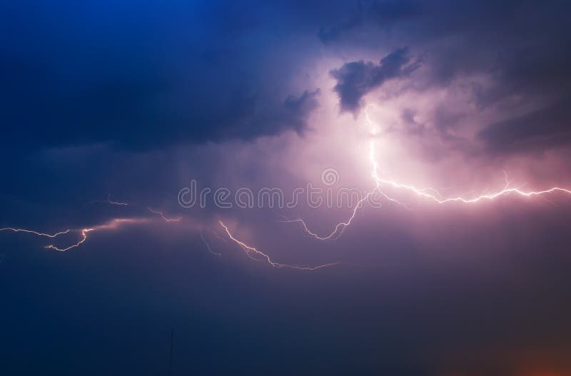 Lightning Storm Over City in Blue Light Stock Photo - Image of bolt ...