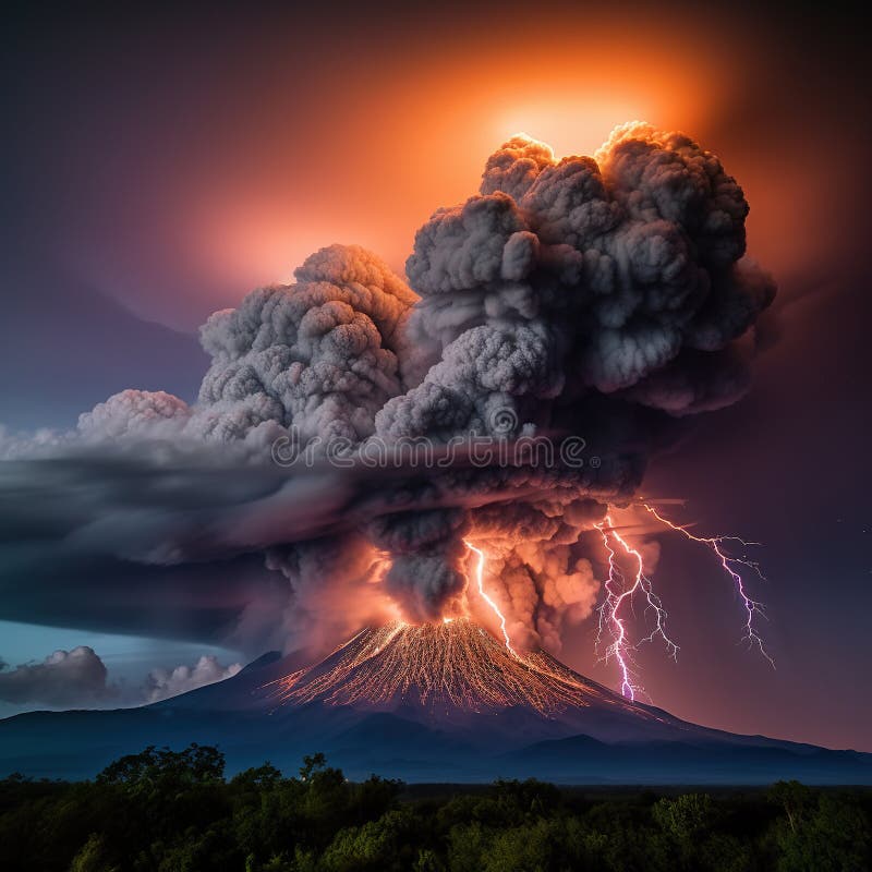 Lightning in Ash Cloud during a Volcanic Eruption. Stock Illustration ...