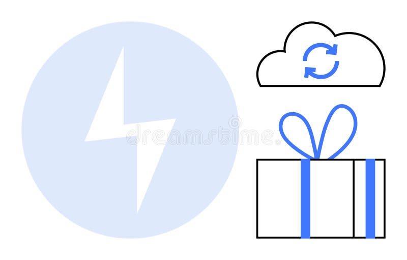 Lightning Bolt, Cloud Sync Symbol, and Gift Box with Bow in Minimalist ...