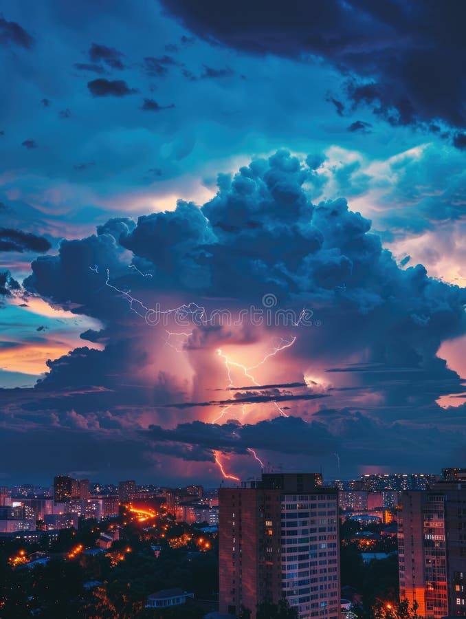 Lightning Bolt Cloud City stock photo. Image of generated - 374396904