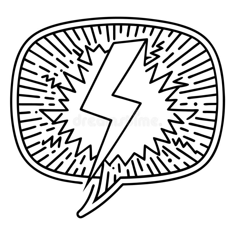 Lightning Bolt in Comic Speech Bubble Hand Drawn Burst, Black Outline ...