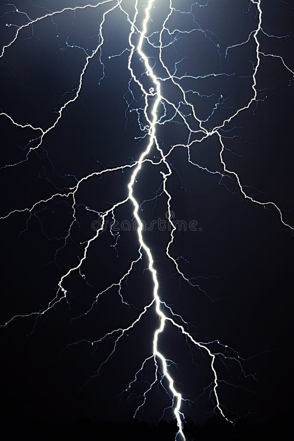 Lightning Bolt in Dark Blue Sky, Vertical View of Electric Flash Light ...