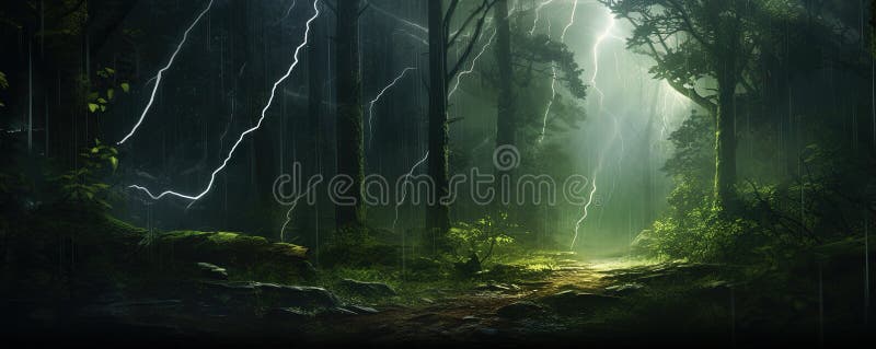 Lightning Bolt in the Forest Stock Illustration - Illustration of night ...