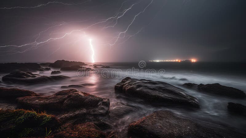 A Lightning Bolt Hitting Over the Ocean with Rocks in the Foreground ...
