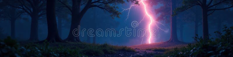A Lightning Bolt Illuminates the Dark and Mysterious Forest, Tree ...