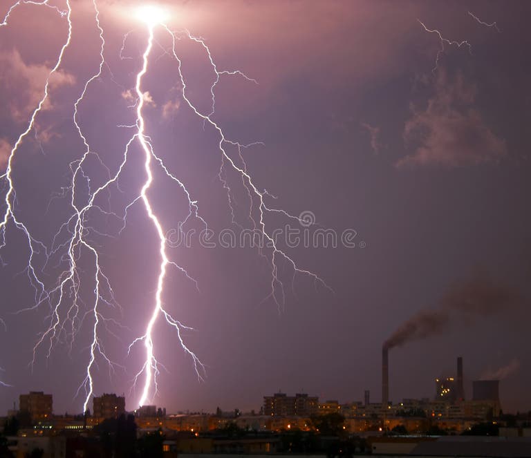 Lightning bolt over city stock image. Image of dark, evening - 11880601