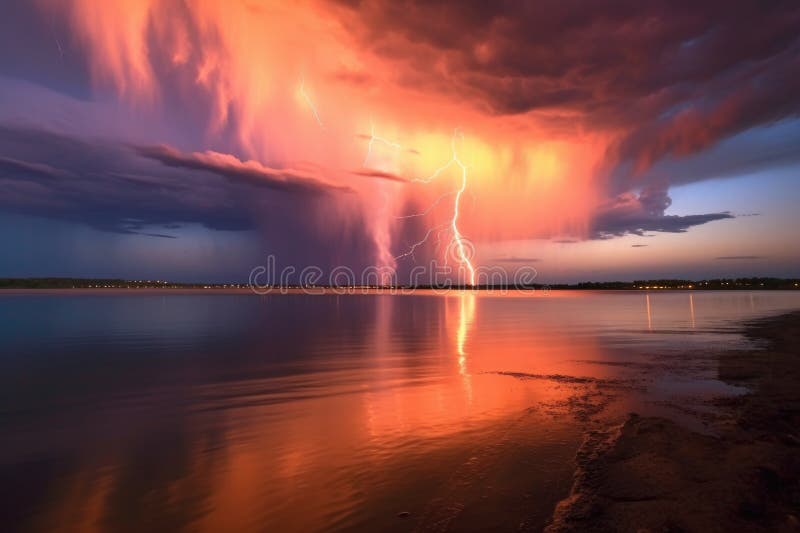 Lightning Bolt and Rainbow during a Stormy Sunset Stock Illustration ...