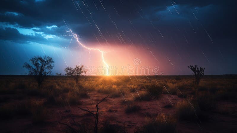 A Lightning Bolt is Seen in the Distance Over a Desert Stock ...