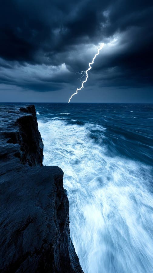 A Lightning Bolt is Seen Over the Ocean As it Strikes Over the Rocks ...