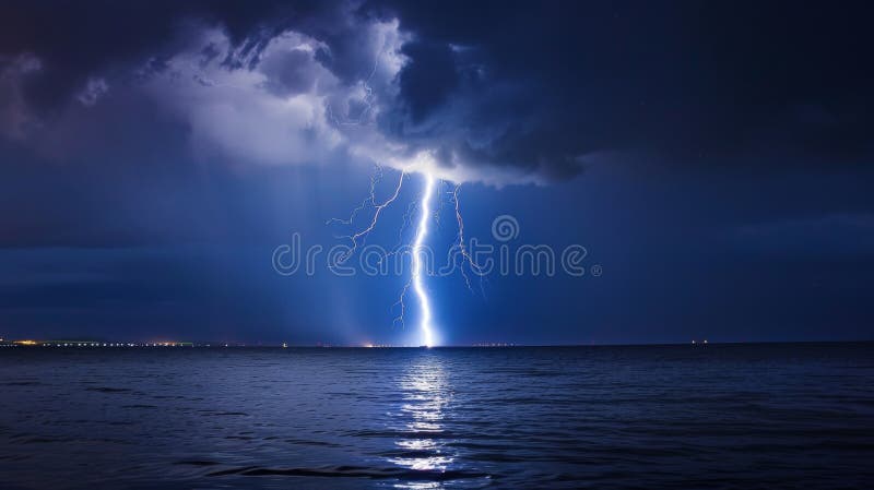 A Lightning Bolt is Seen Over the Ocean in a Dark Sky, AI Stock Photo ...