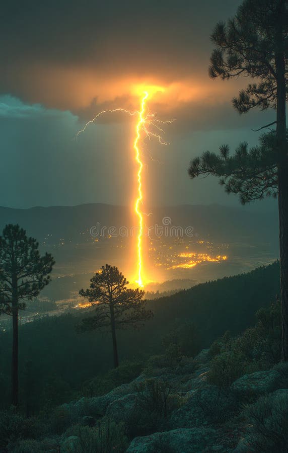 A Lightning Bolt is Seen in the Sky Above a Forest Stock Photo - Image ...