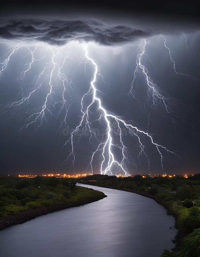 A Lightning Bolt is Seen in the Sky Above a River Stock Illustration ...