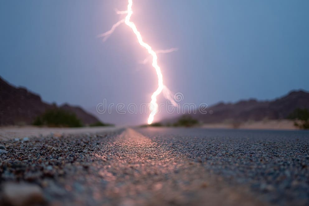 A Lightning Bolt is Seen in the Sky Over a Desert Road Stock Photo ...