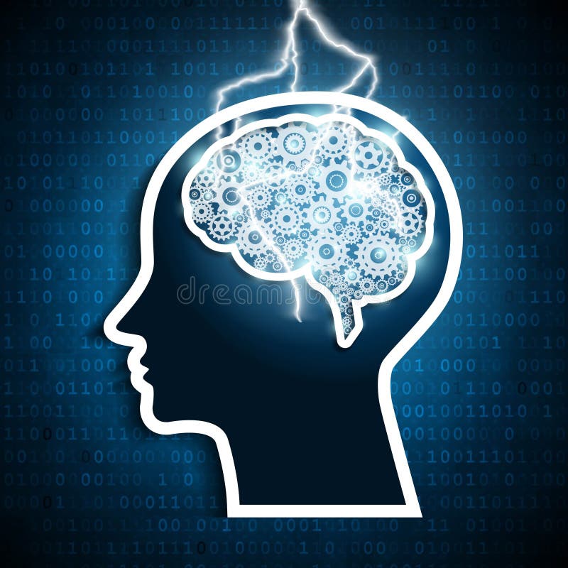 Lightning Bolt Strike in the Human Brain Gears. Intelligence Concept ...