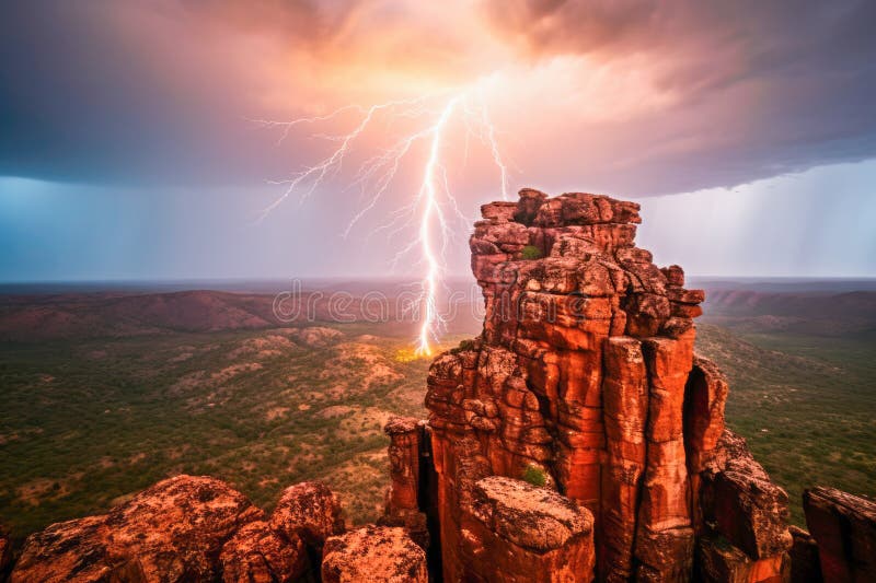 Lightning Bolt Strike Near a Captivating Rock Formation Stock ...