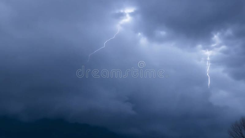 Lightning Bolt Strikes through Dark Stormy Sky. Tree Branches Visible ...