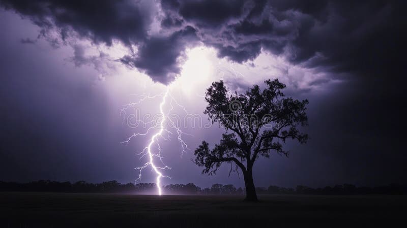 Lightning Bolt Strikes Giant Tree Amidst Heavy Rain and Dark Storm ...