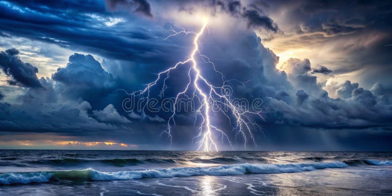 A Lightning Bolt Strikes the Ocean Creating a Dramatic and Powerful ...