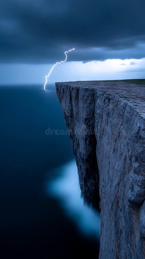 A Lightning Bolt Strikes Over the Edge of a Cliff Stock Image - Image ...