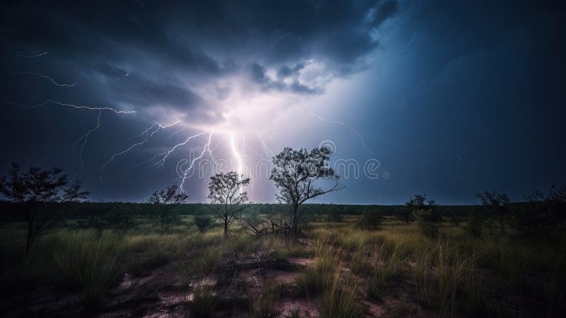 A Lightning Bolt Strikes Over a Field with Trees and Grass Stock Photo ...