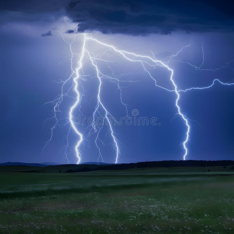 Lightning Bolt Strikes through Sky Over Open Field, Dramatic Energy ...