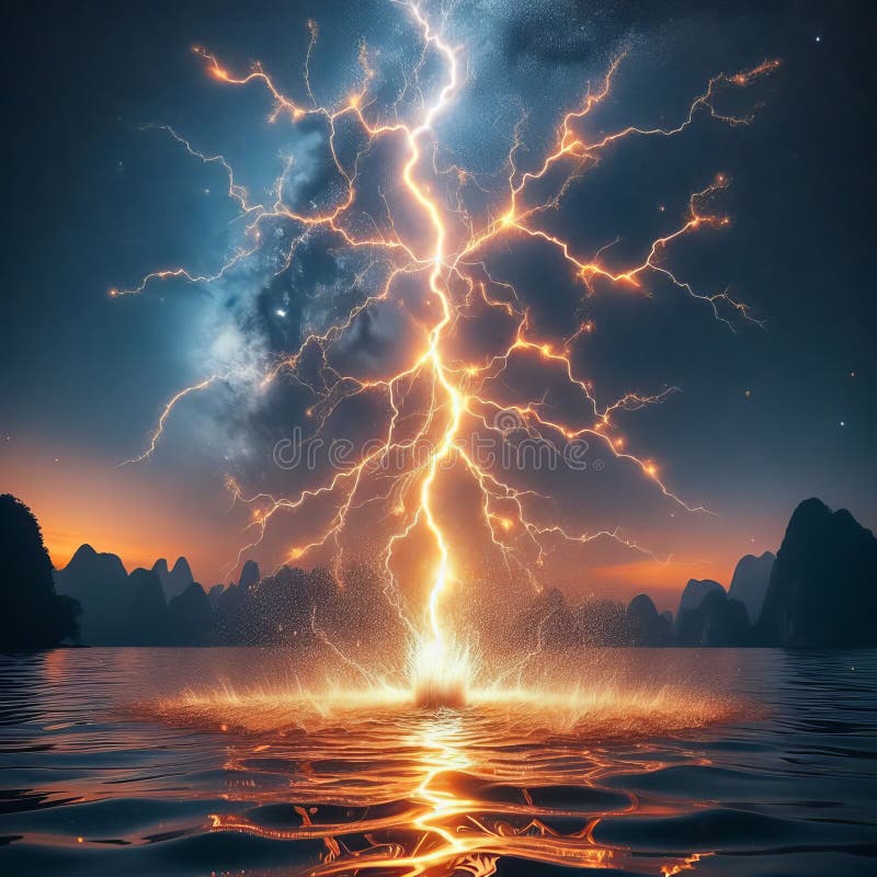 192 50. Lightning Bolt Striking a Body of Water, Creating a Spl Stock ...