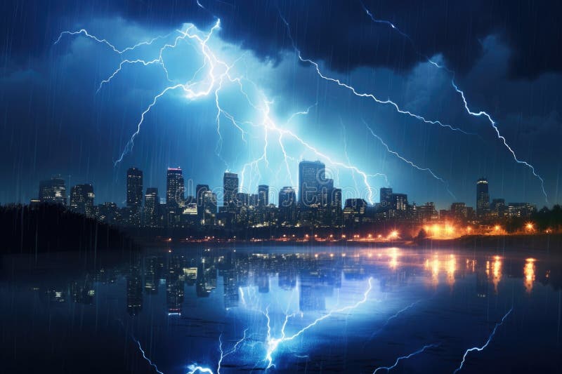 Lightning Bolt Striking a City Skyline at Night Stock Photo - Image of ...