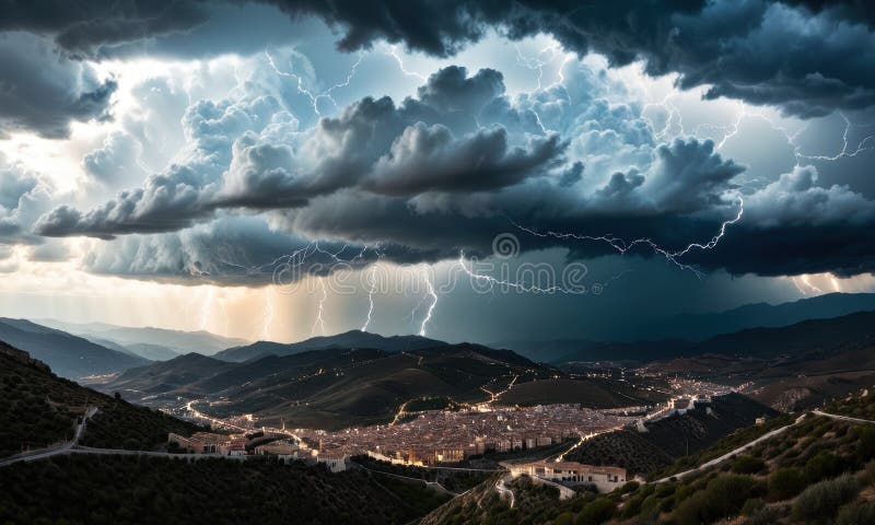 A Lightning Bolt Striking Down from the Cloudy Sky Above a Town, with ...