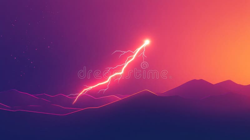 Lightning Bolt Striking Over Synthwave Mountains at Sunset Stock Image ...