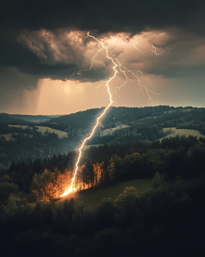 Lightning Bolt Striking Trees on Hillside during Storm Stock Photo ...