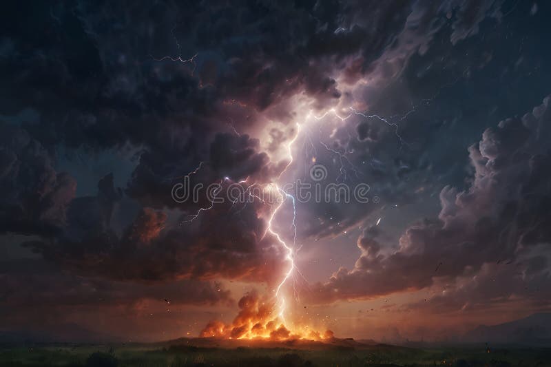 A Lightning Bolt is Visible Above a Field of Grass and Trees Crackling ...