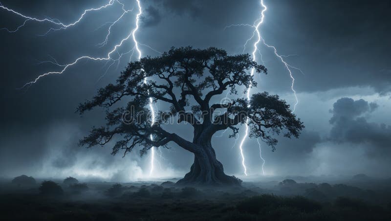Lightning is Striking a Big Lonely Tree during a Thunderstorm Stock ...
