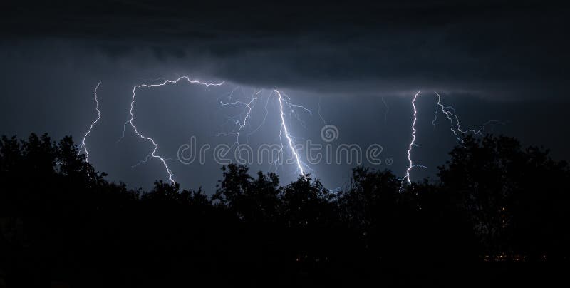Lightning Bolts Strike Down at Night Stock Photo - Image of scary ...