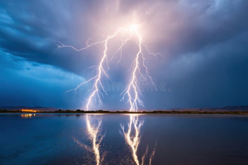 Lightning Bolts Striking Near a Lake Reflecting the Cloudy Sky during a ...