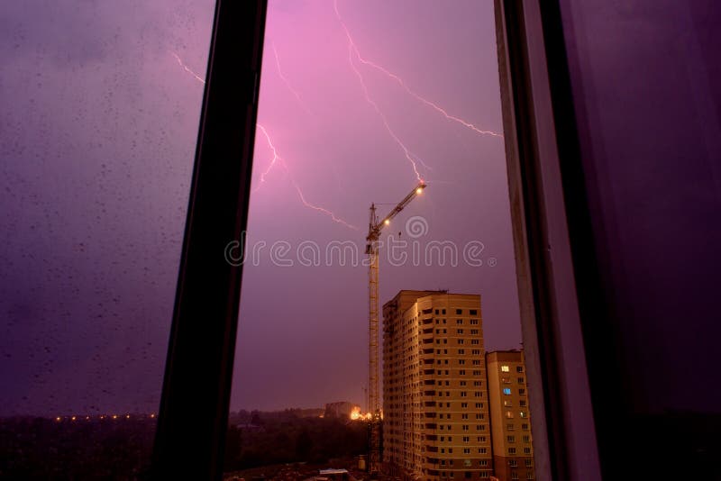 Lightning on a Building Site, a Thunderstorm View from the Window Stock ...