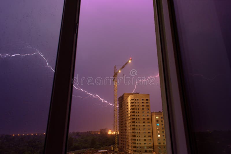 Lightning on a Building Site, a Thunderstorm View from the Window Stock ...