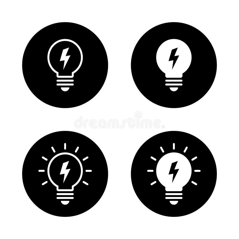 Lightning Bulb Icon Set on Black Circle. Lamp with Flash Concept Stock ...