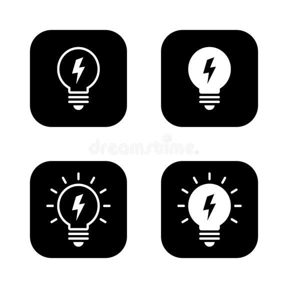 Lightning Bulb Icon Set on Black Square. Lamp with Flash Concept Stock ...