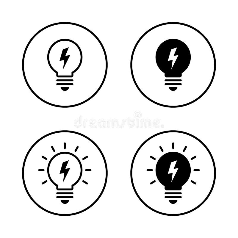 Lightning Bulb Icon Set on Circle Line. Lamp with Flash Concept Stock ...