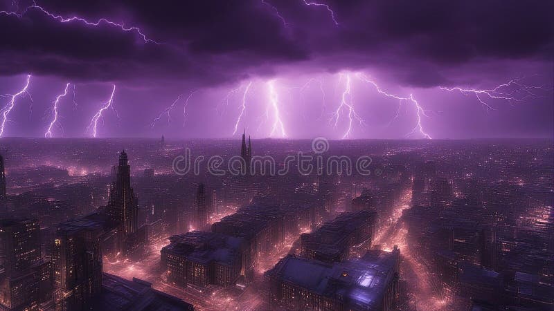 Lightning in the City a Steampunk, Lightning Storm Over City in Purple ...