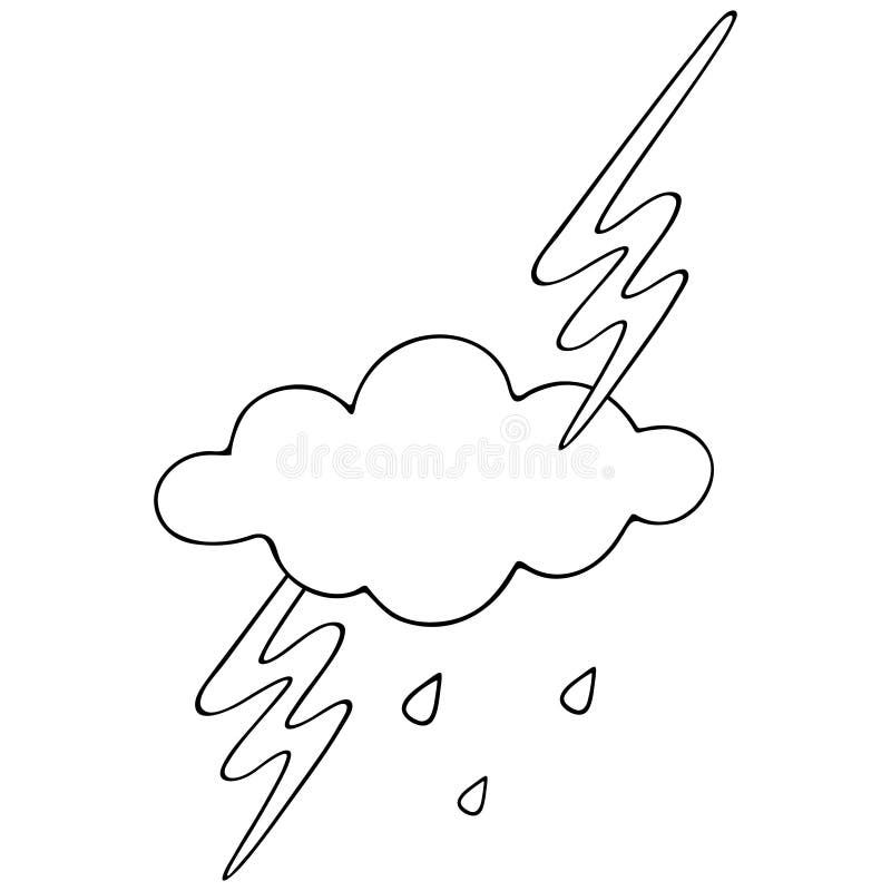 Lightning, Cloud and Raindrops. Storm. Vector Illustration. Outline on ...