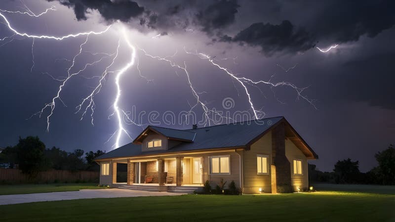 Lightning Dance Above a Charming Rural Home. Cloudy Sky Drama. Stock ...