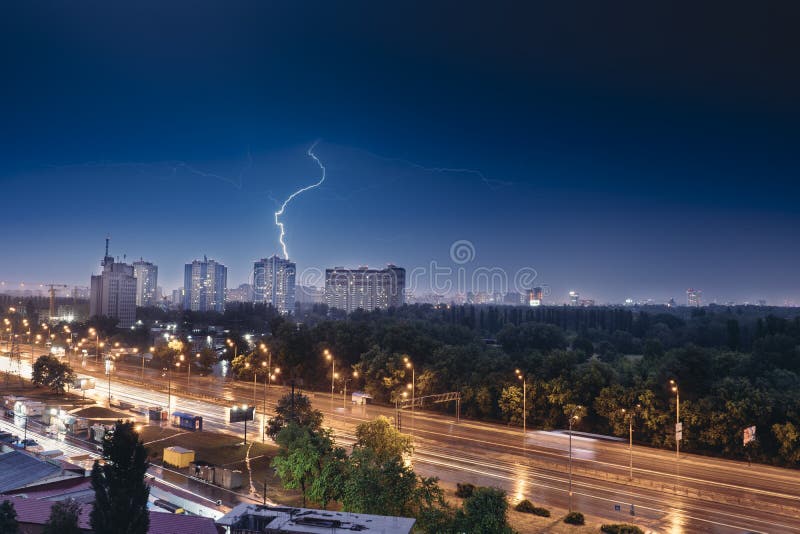Lightning on a Dark Blue Sky Over the City Stock Photo - Image of ...