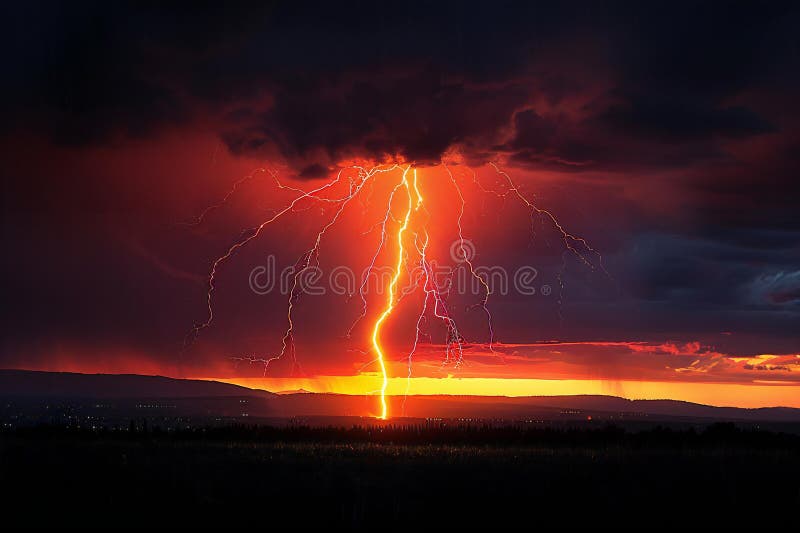 Lightning, Dark Sky, Mountains in the Distance, Orange Sunset Glow ...