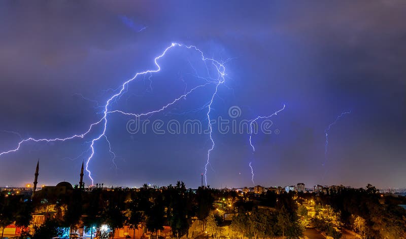 Lightning Discharges in the Night Sky during a Thunderstorm. Stock ...