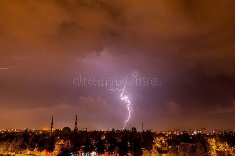 Lightning Discharges in the Night Sky during a Thunderstorm. Stock ...