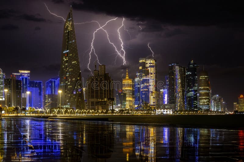 Lightning at Doha Skyline. Rain in Doha Night View Editorial ...