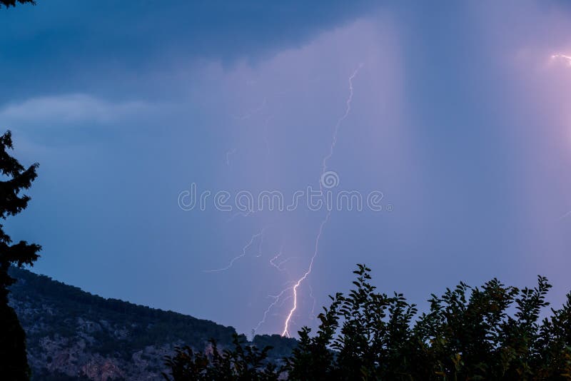 Lightning in the Evening on the Background of the Earth`s Surface and ...