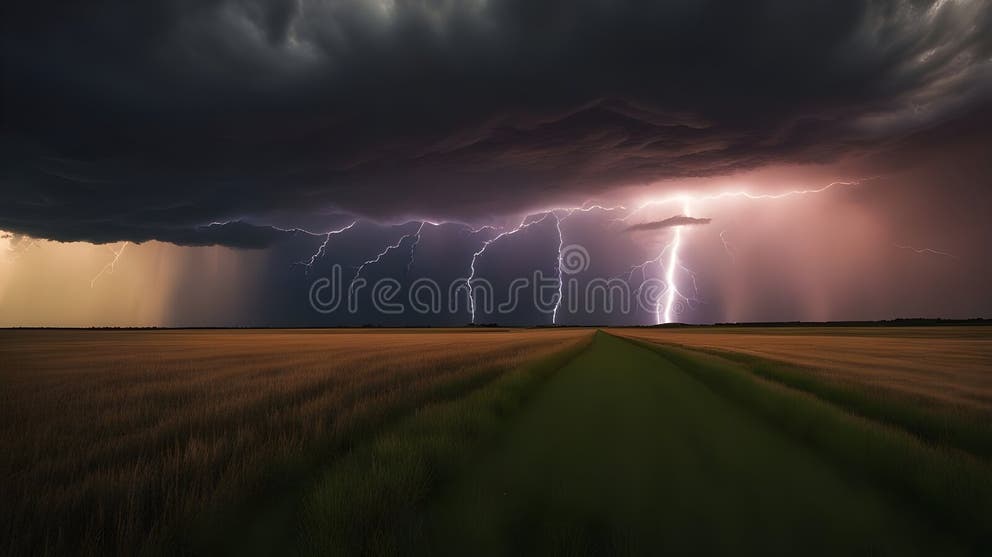 Lightning in the Field a Dramatic Scene of a Supercell Thunderstorm and ...